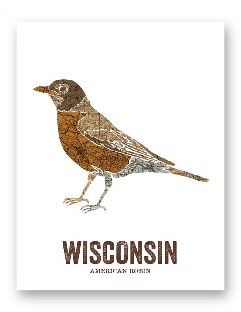 American Robin Art Print, Vintage Wisconsin Map, Nature Wall Decor - Etsy