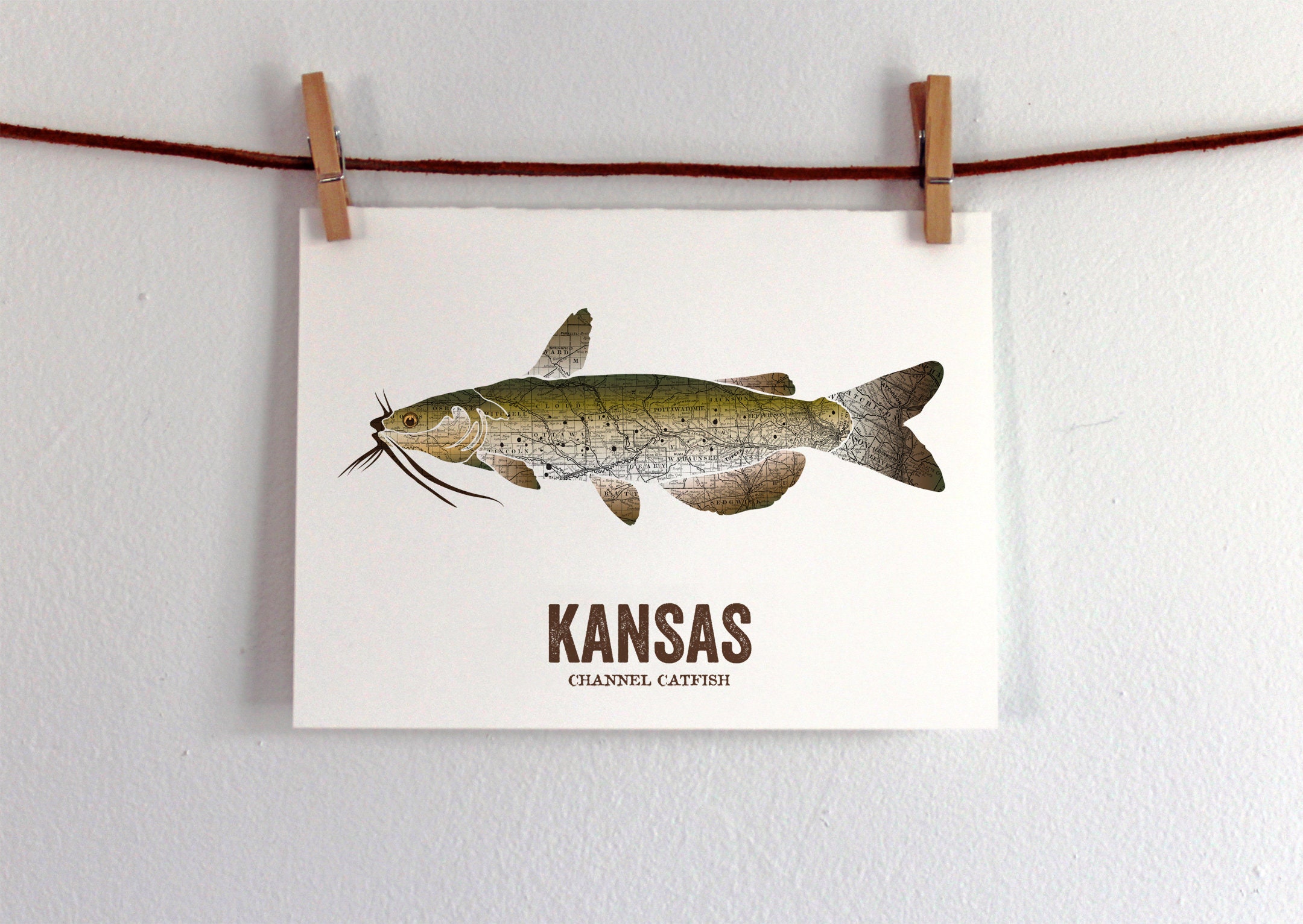 Kansas State Fish Map Art Nature Outdoor Art Vintage Map | Etsy