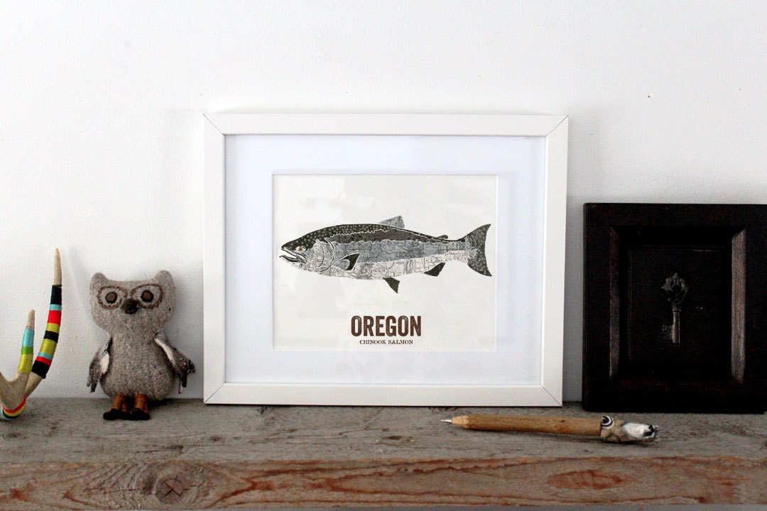 Oregon State Fish, Map Art, Nature Outdoor Art, Vintage Map Art, Art ...