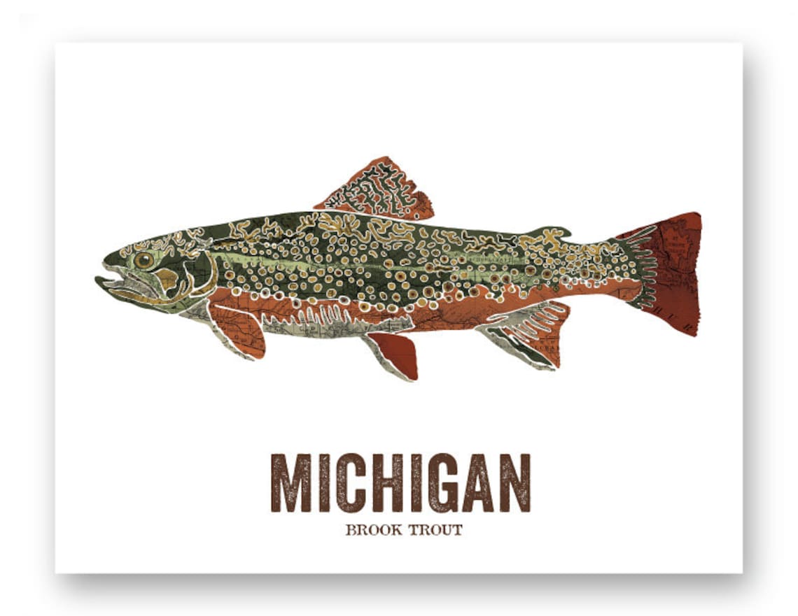 Michigan State Fish Map Art Nature Outdoor Art Vintage Map | Etsy