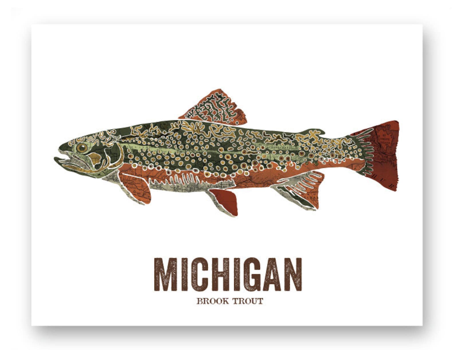 Michigan State Fish Map Art Nature Outdoor Art Vintage Map | Etsy
