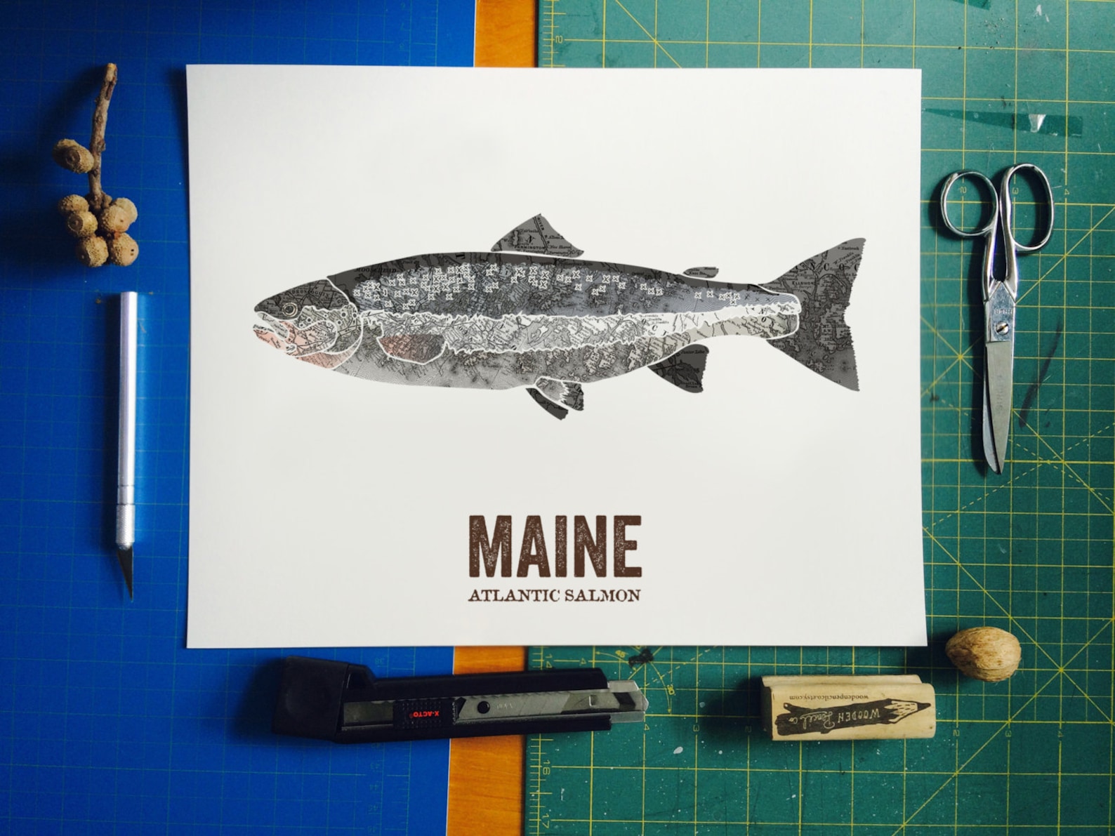 Maine State Fish, Nature Art, Outdoor Art, Vintage Map Art, Art Print ...