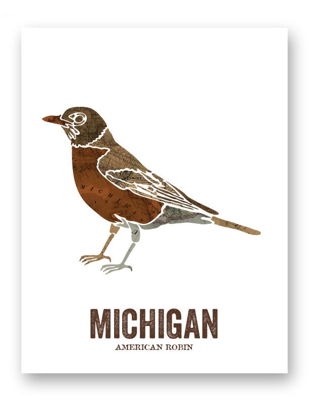 Michigan State Bird Nature Art Outdoor Art Vintage Map Art | Etsy