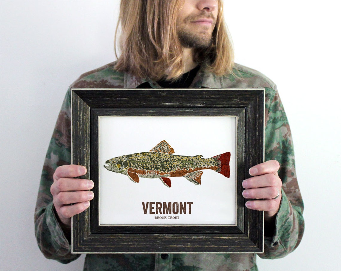 Vermont State Fish Nature Art Outdoor Art Vintage Map Art - Etsy