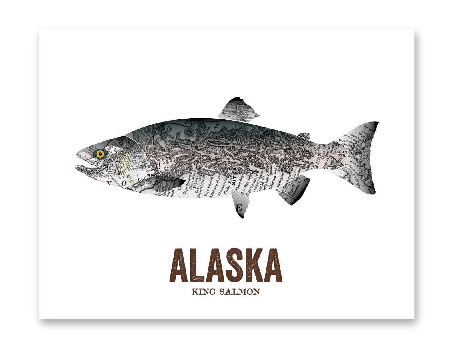 Alaska State Fish Map Art Nature Outdoor Art Vintage Map | Etsy