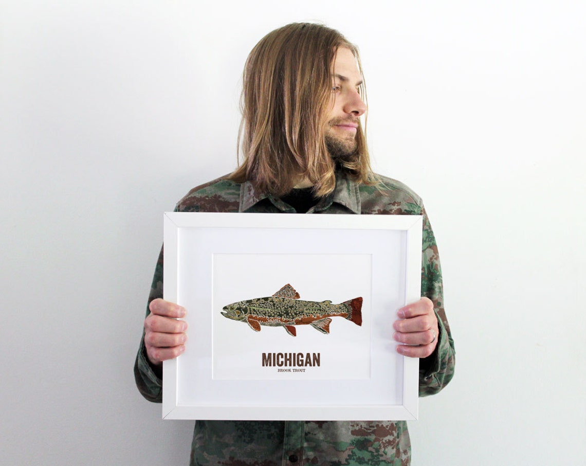 Michigan State Fish Map Art Nature Outdoor Art Vintage Map | Etsy