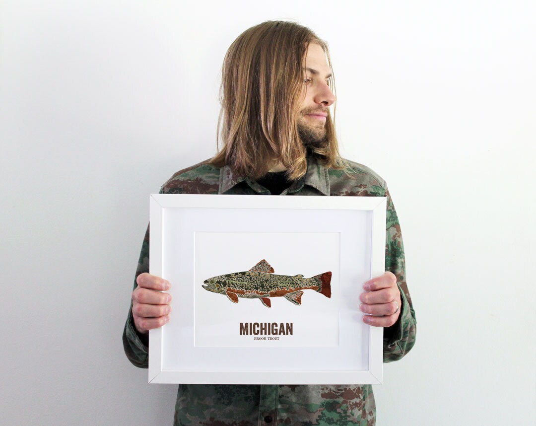 Michigan State Fish Map Art Nature Outdoor Art Vintage Map | Etsy