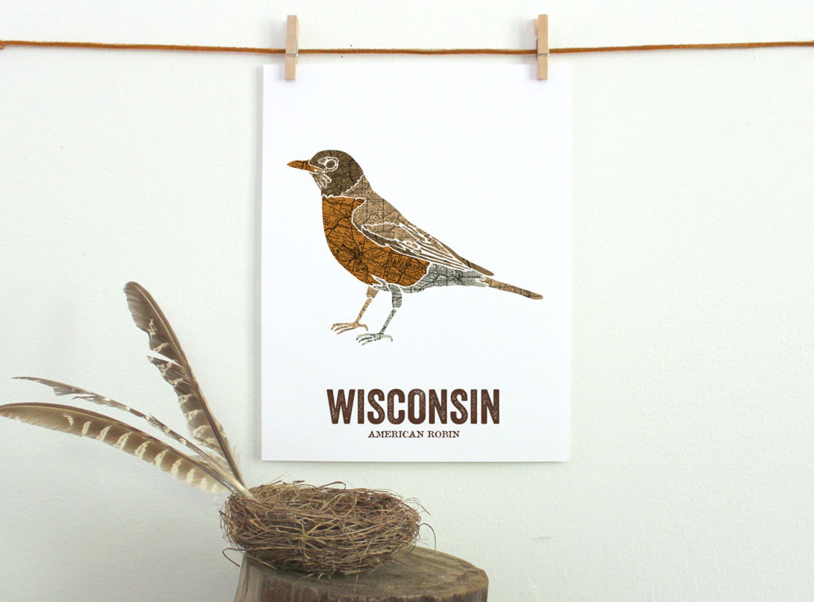 Wisconsin State Bird Nature art Outdoor art Vintage Map | Etsy