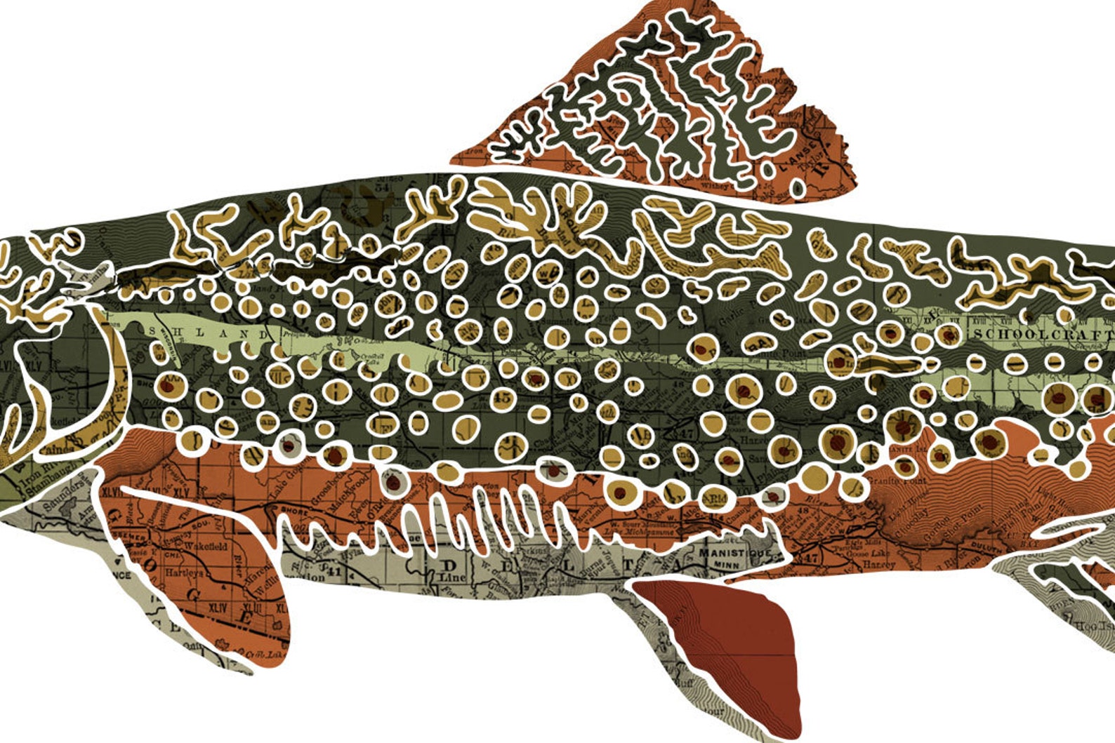 Michigan State Fish Map Art Nature Outdoor Art Vintage Map | Etsy