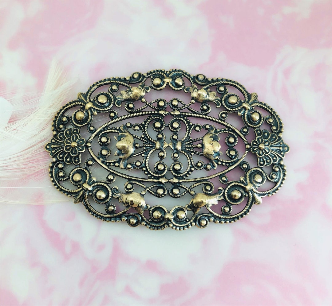 Antiqued Brass Cartouche Plaque Large Oval Floral Filigree Stamping ...