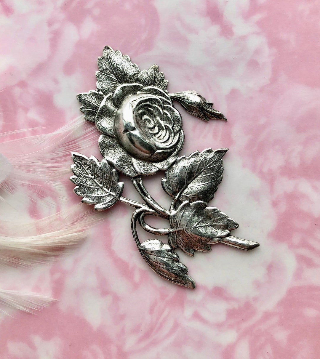 ANTIQUED SILVER Cabbage Rose Flower Stamping Jewelry Ornament Findings ...