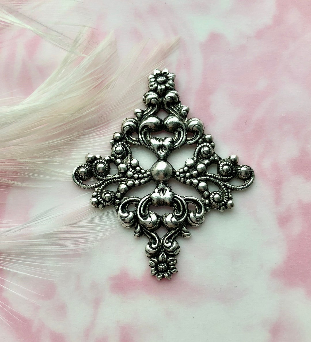 ANTIQUE SILVER (2 Pieces) Victorian Filigree Floral Diamond Plaque ...