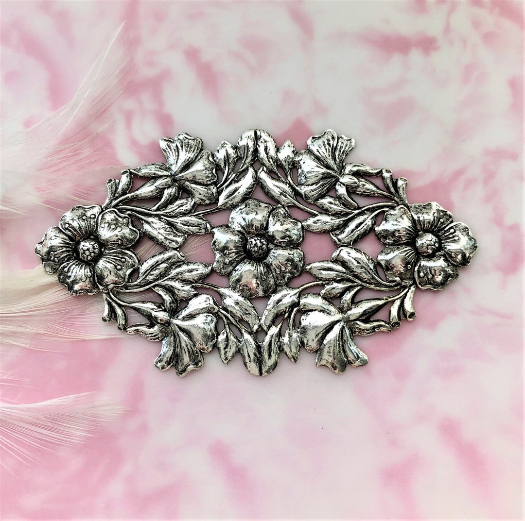 ANTIQUE SILVER Cartouche Plaque Art Nouveau Oval Leaf & Flower Stamping ...