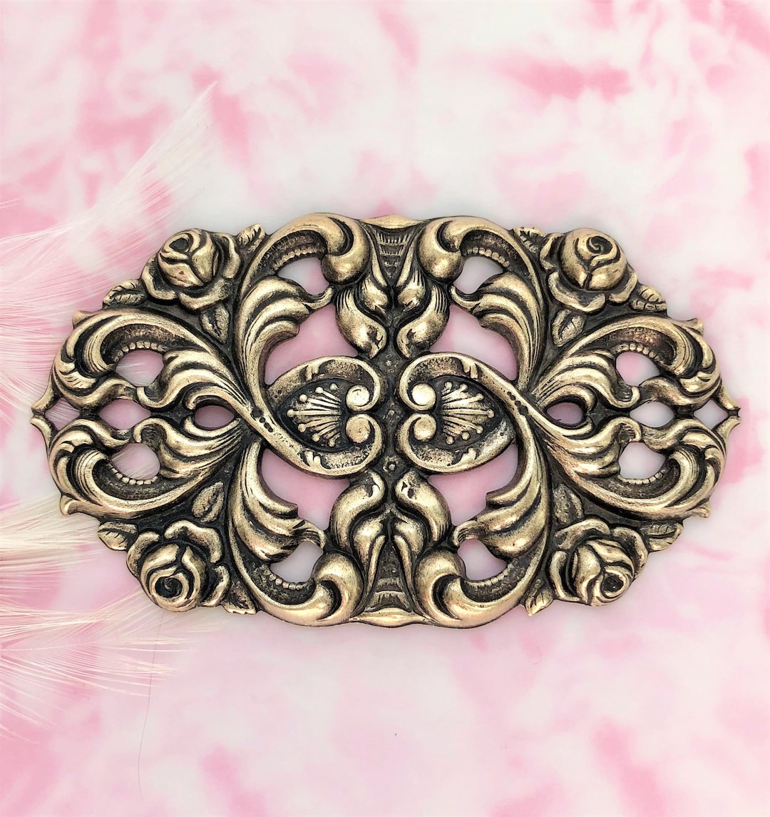 ANTIQUE BRASS Floral Filigree Cartouche / Plaque Heart Motif Brass ...