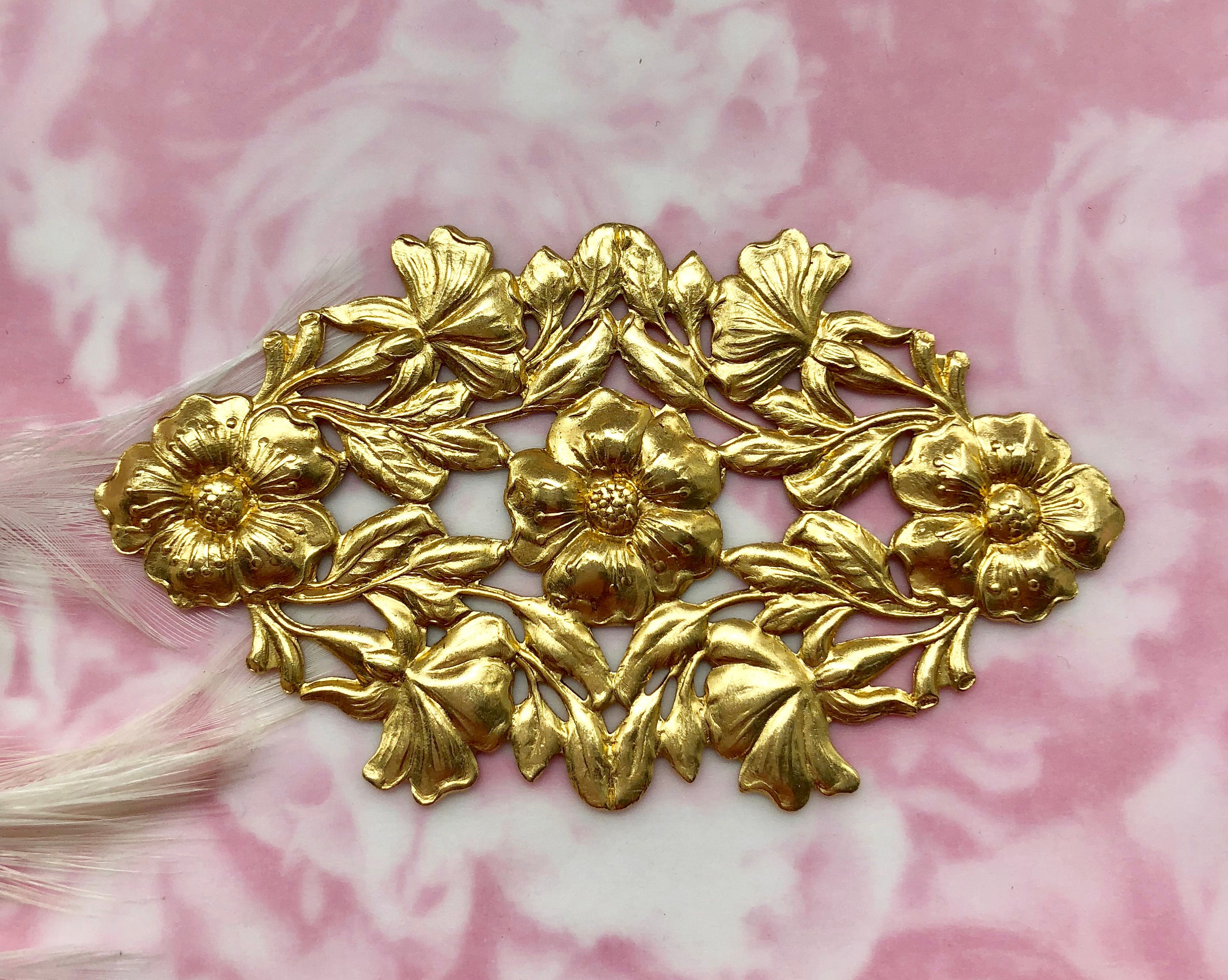 Flower BRASS Cartouche Plaque Art Nouveau Oval Leaf & Flowers Stamping ...