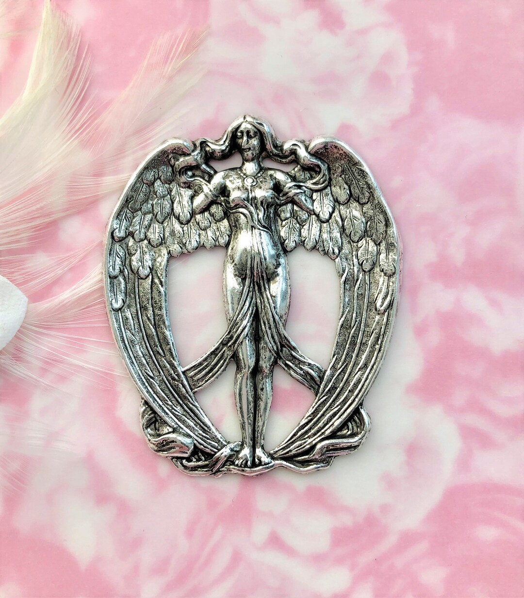 ANTIQUE SILVER Angel Lilith Winged Goddess Stamping ~ Jewelry Oxidized ...