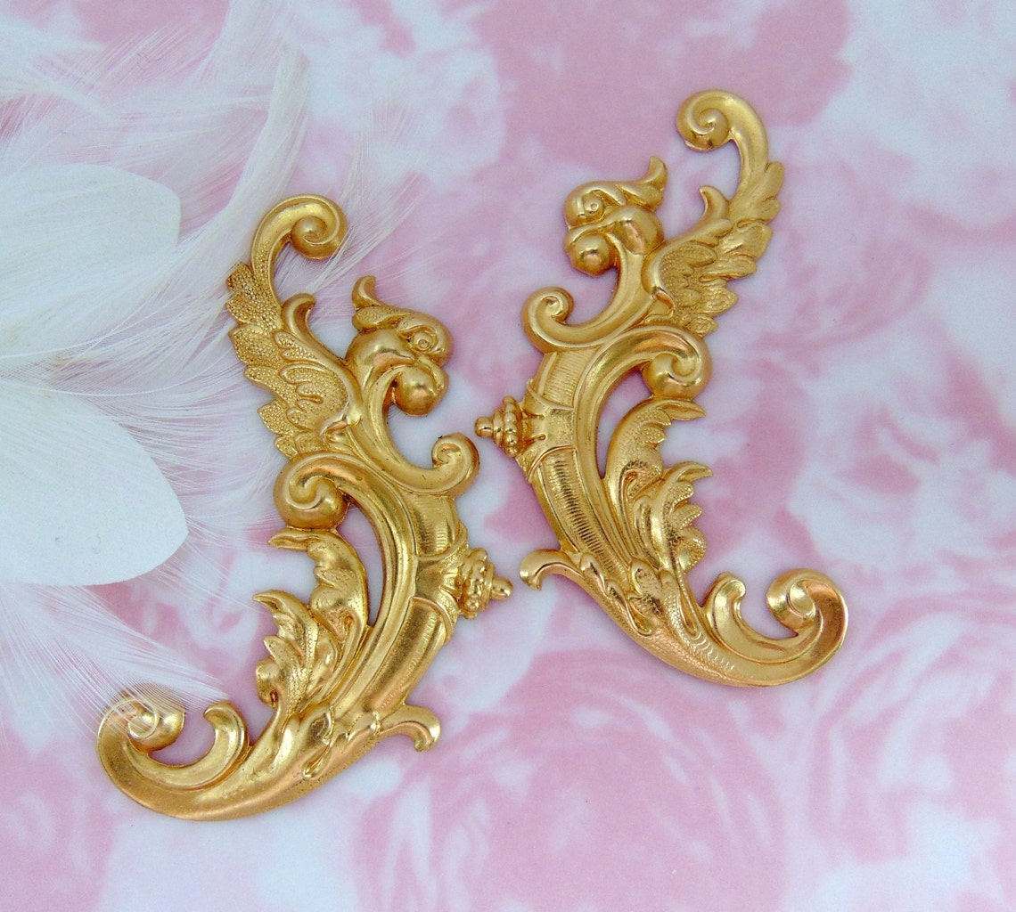 2 PC BRASS Medieval Bird Flourish Scroll Ornate Corner | Etsy