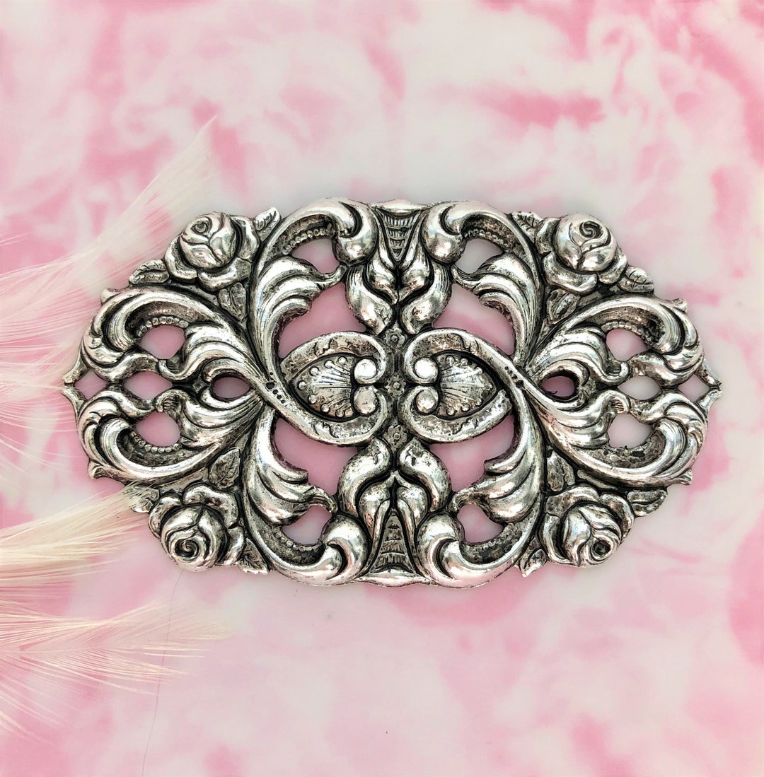 ANTIQUE Silver Floral Filigree Cartouche / Plaque Heart Motif Brass ...