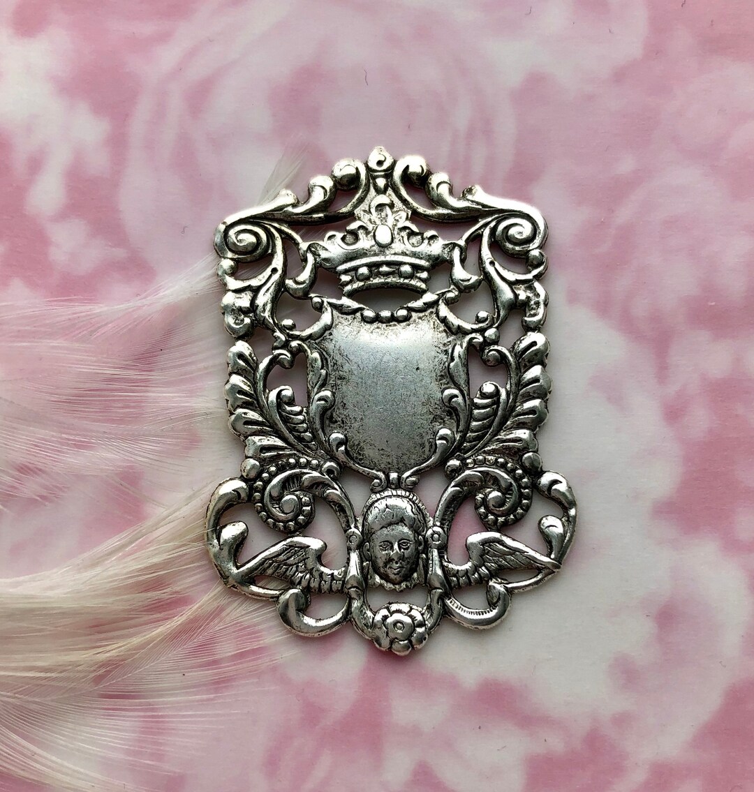 Crusty Crest ANTIQUE SILVER Ornate Heraldry Shield Crown Angel Stamping ...