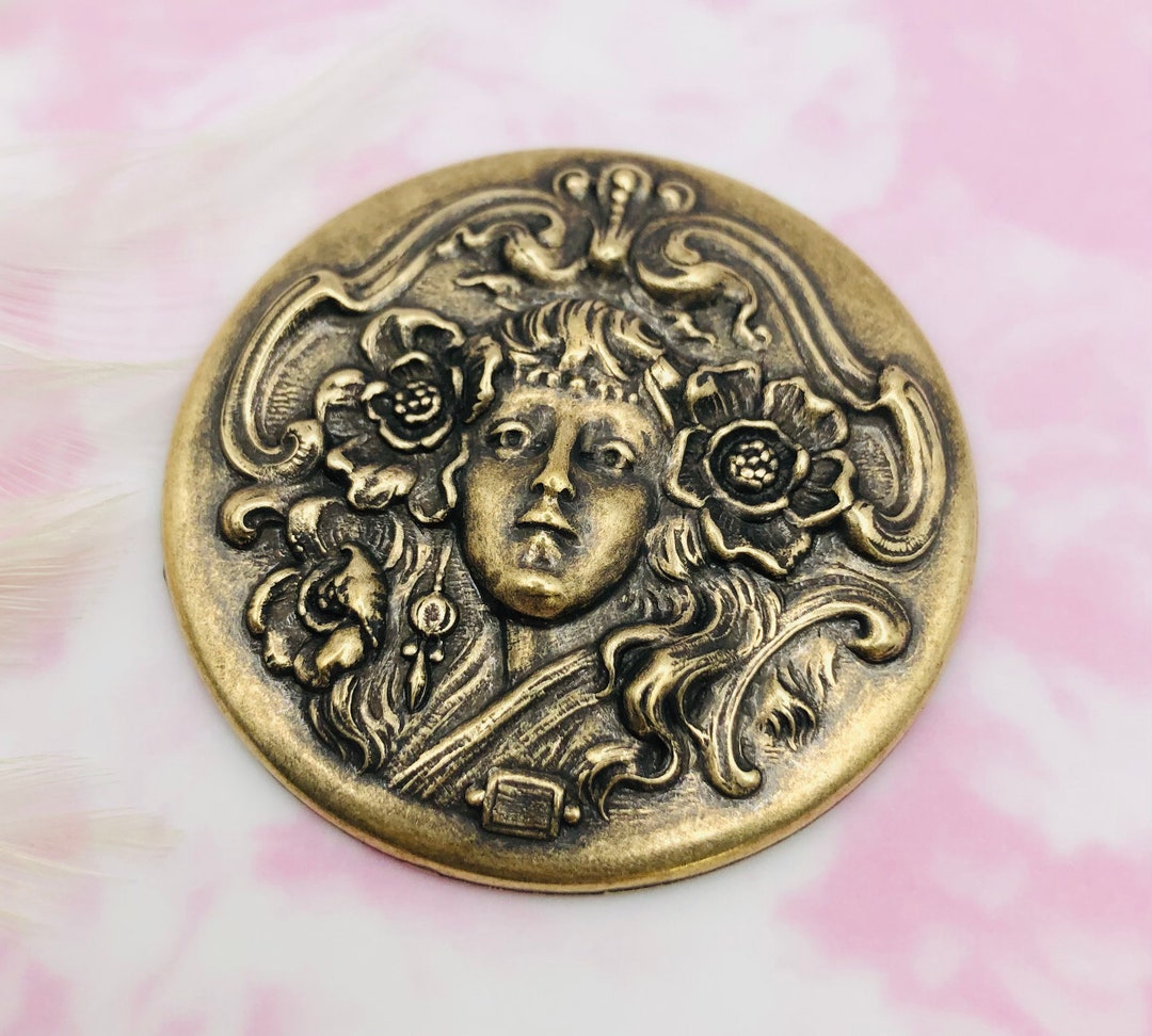 ANTIQUE BRASS Large Round Lady Nymph Flower Stamping ~ Maiden Jewelry ...