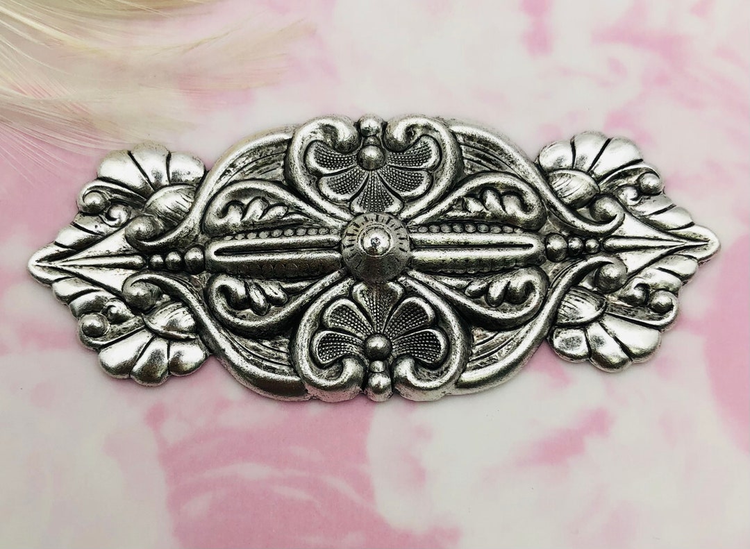 ANTIQUE SILVER Floral Arrow Cartouche / Plaque Flower Art Deco Stamping ...