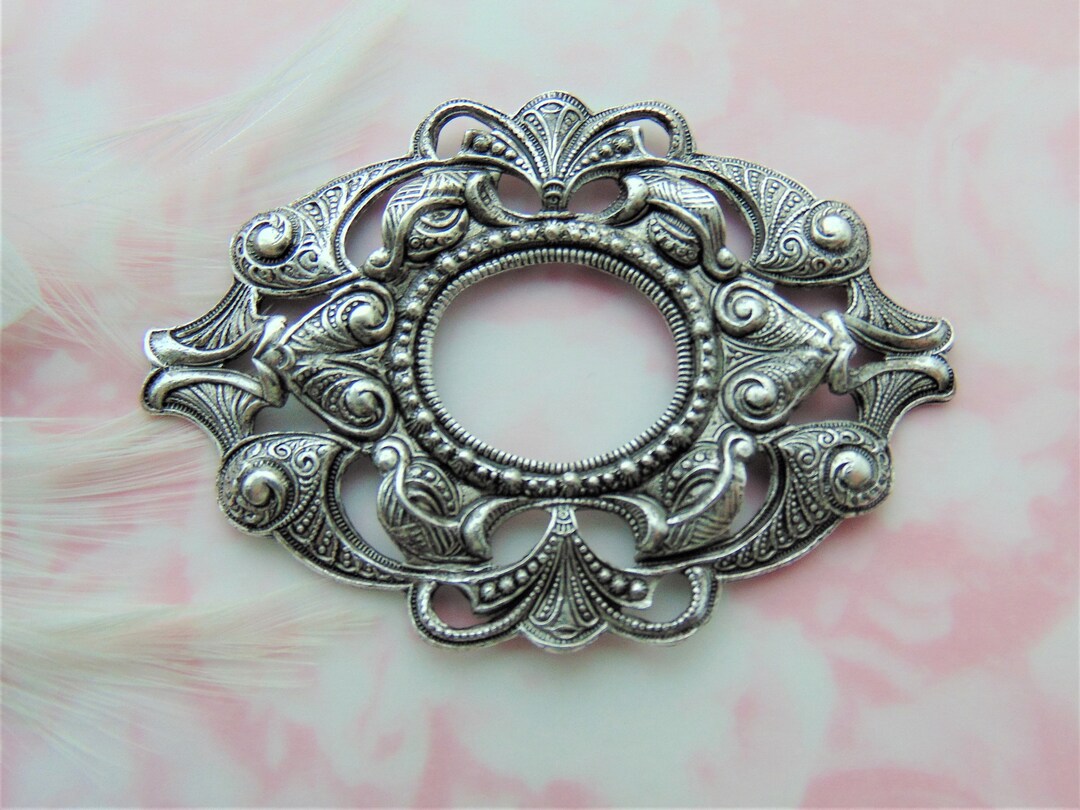 ANTIQUE SILVER Large Oval Scroll Filigree Stamping Frame ~ Jewelry ...