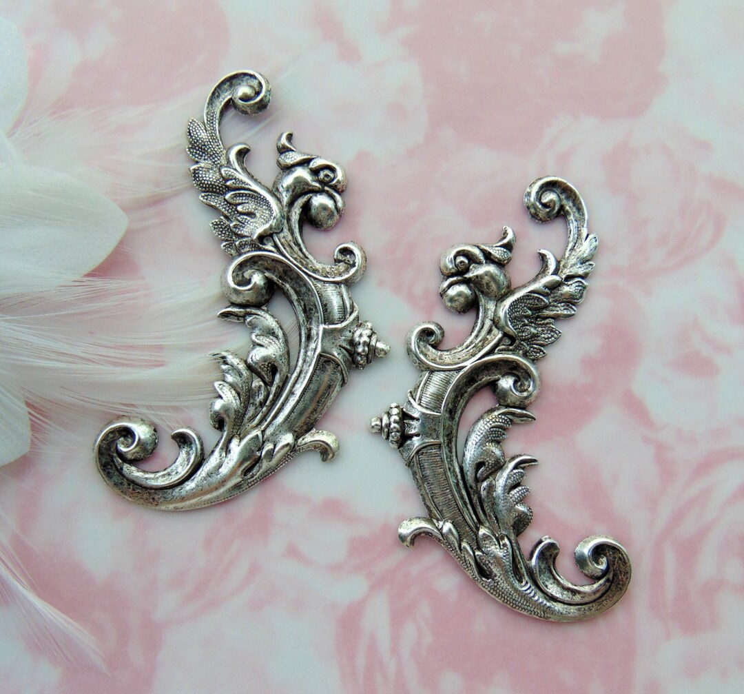 ANTIQUE SILVER (1 Pair) Medieval Bird Flourish Scroll Ornate Corner ...