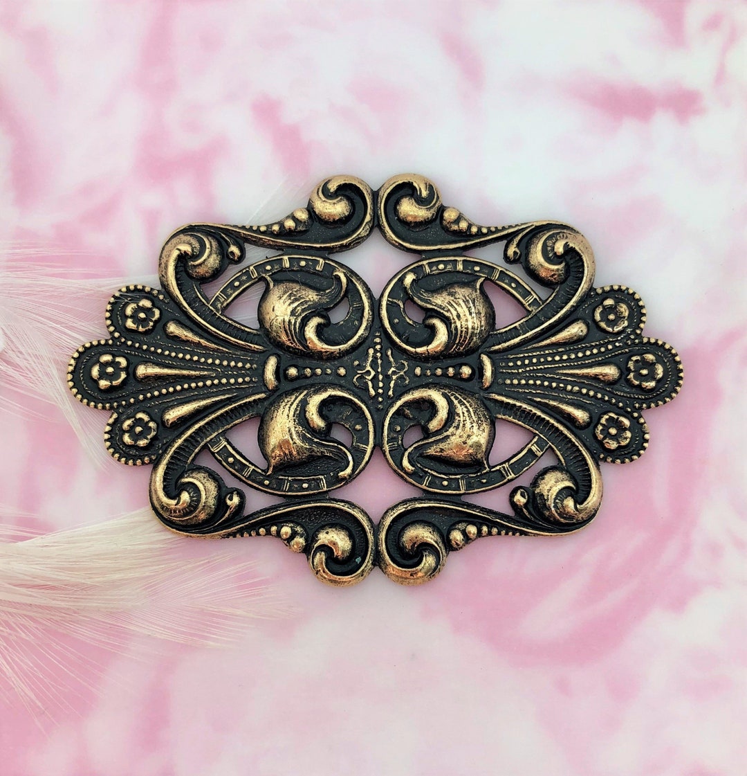 ANTIQUE BRASS Victorian Ornate Scroll Cartouche Plaque Flower Stamping ...