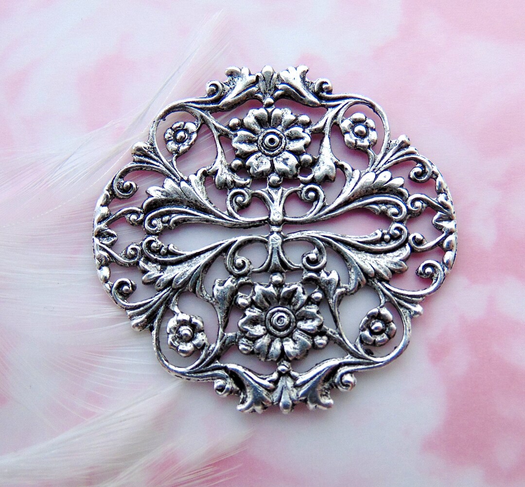 ANTIQUE SILVER (2 Pieces) Round Floral Filigree Crest Stamping ...