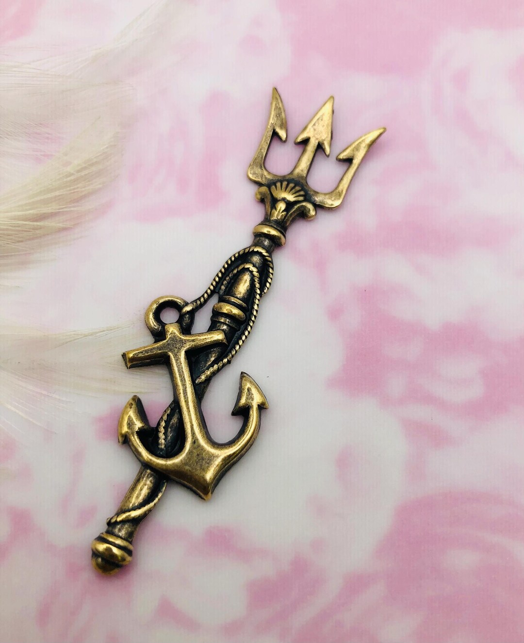 ANTIQUE BRASS Neptune Poseidon's Trident Shell Spear & Anchor Stamping ...