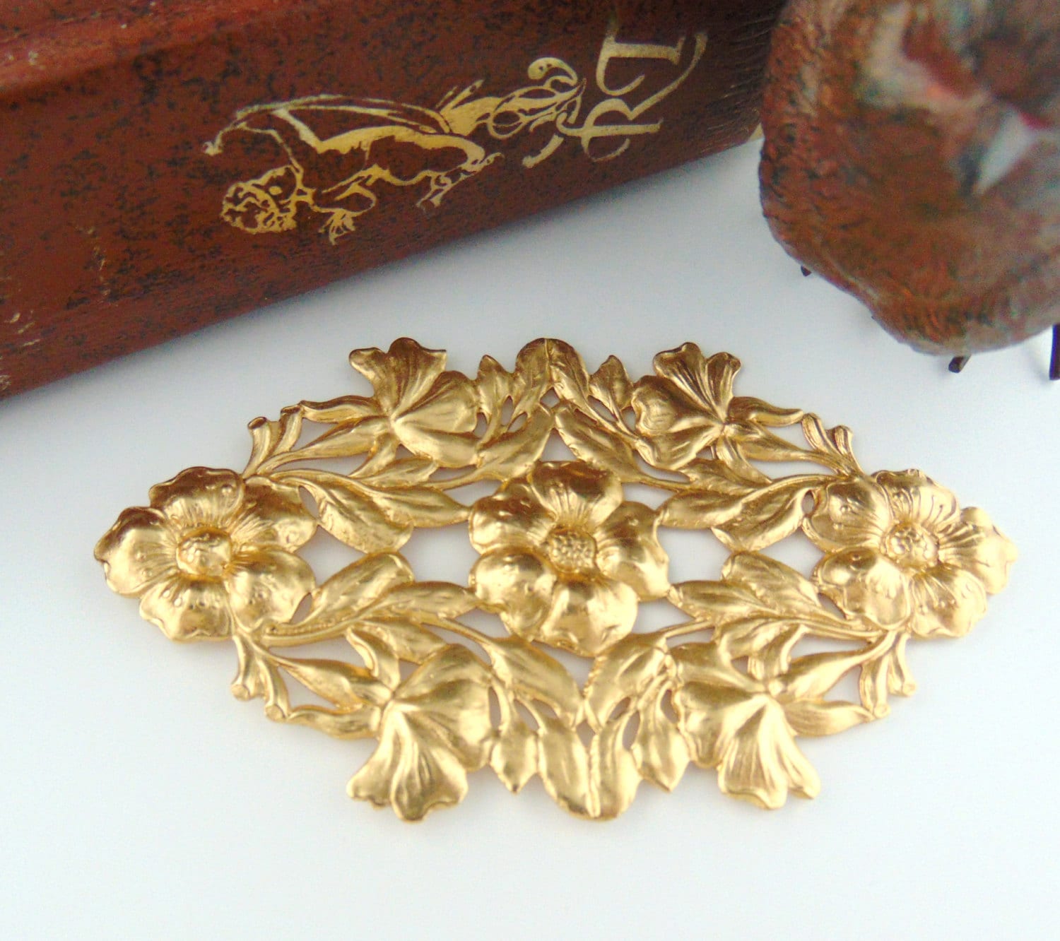 Flower BRASS Cartouche Plaque Art Nouveau Oval Leaf & Flowers Stamping ...