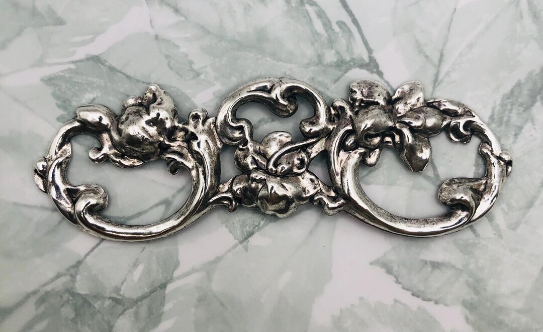 ANTIQUE SILVER Large Vintage Floral Cartouche / Plaque Brass Ornament ...