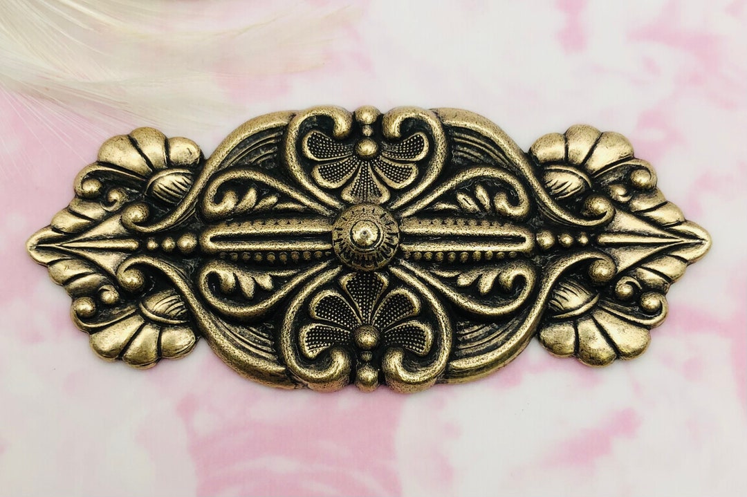 ANTIQUE BRASS Floral Arrow Cartouche / Plaque Flower Art Deco Stamping ...