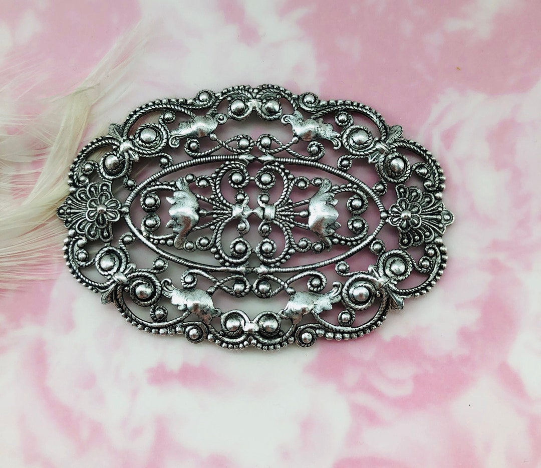 ANTIQUE SILVER Cartouche Plaque Large Oval Floral Flower Filigree ...