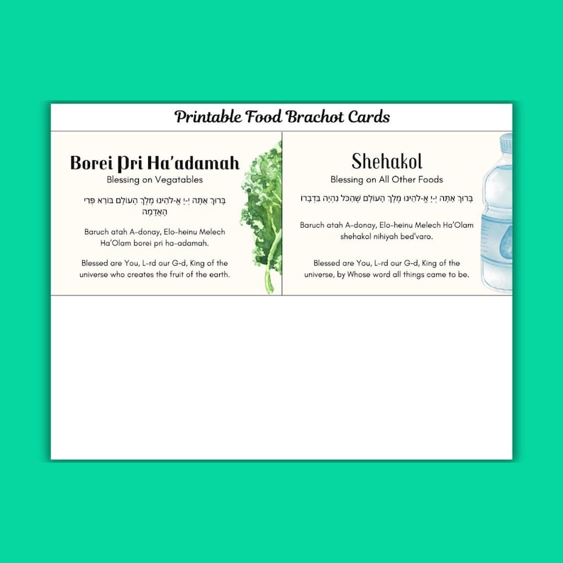 Printable Food Blessing Cards | Food | Set of 6 Bracha Cards for ...