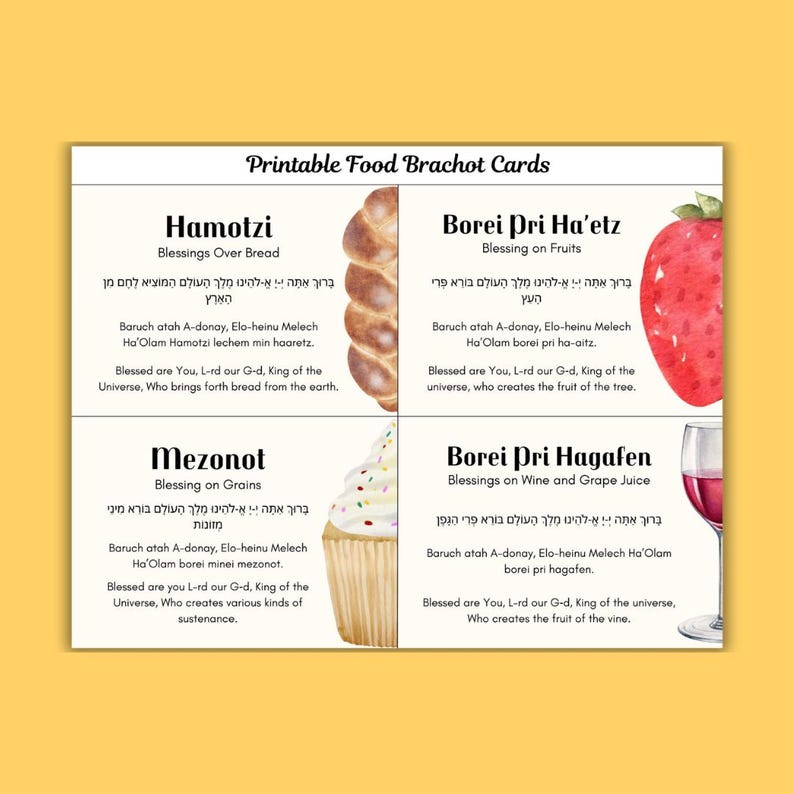 Printable Food Blessing Cards | Food | Set of 6 Bracha Cards for ...