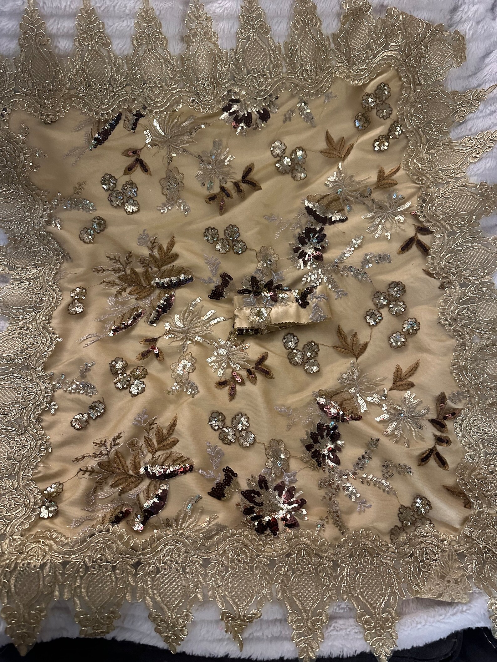Gold Satin Encased in Gold and Bronze Jeweled Lace Lap Scarf With ...