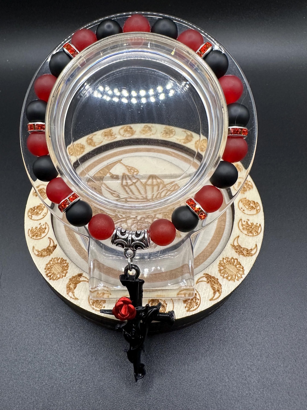 Vampire Beaded Stretch Bracelet: Dyed Jade & Obsidian, Cross Charm - Etsy
