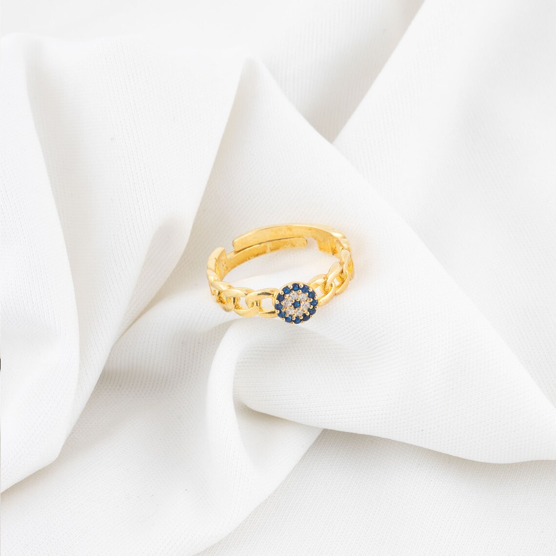 14k Gold & Silver Evil Eye Ring, Evil Eye Statement Ring With Cuban ...