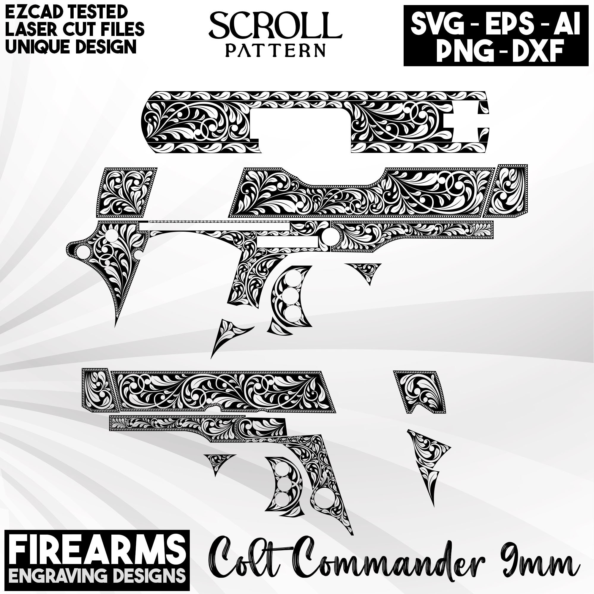 Colt Commander 9mm Scroll Work Laser Engraving Design, Colt1911 9mm ...