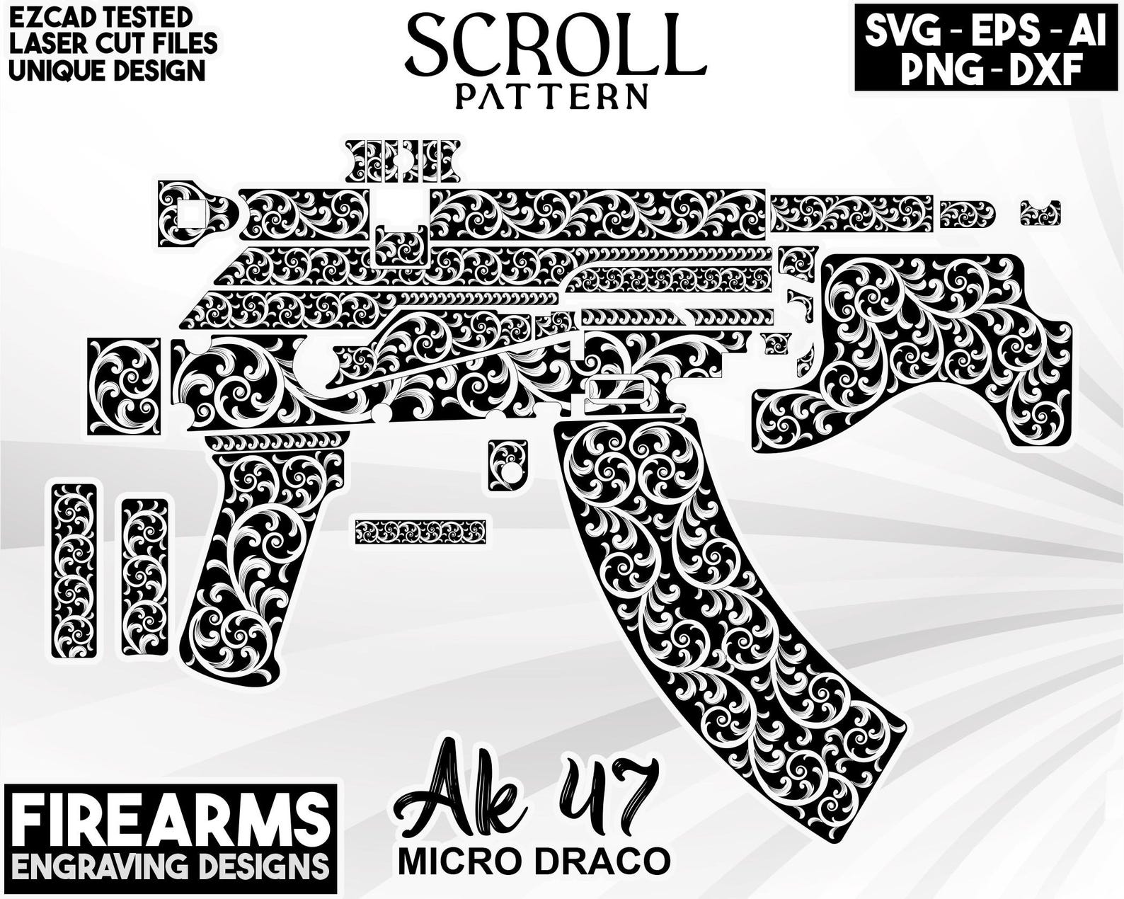 Ak47 Micro Draco Firearms Scroll Work Laser Engraving Design, Scroll ...