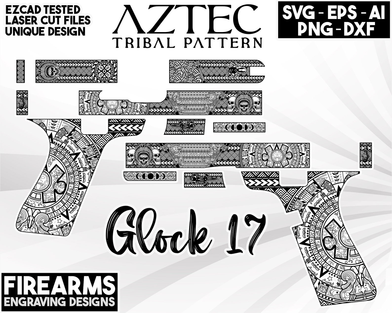 Glock 17 Firearm Aztec Laser Engraving Designs: High-quality Patterns ...