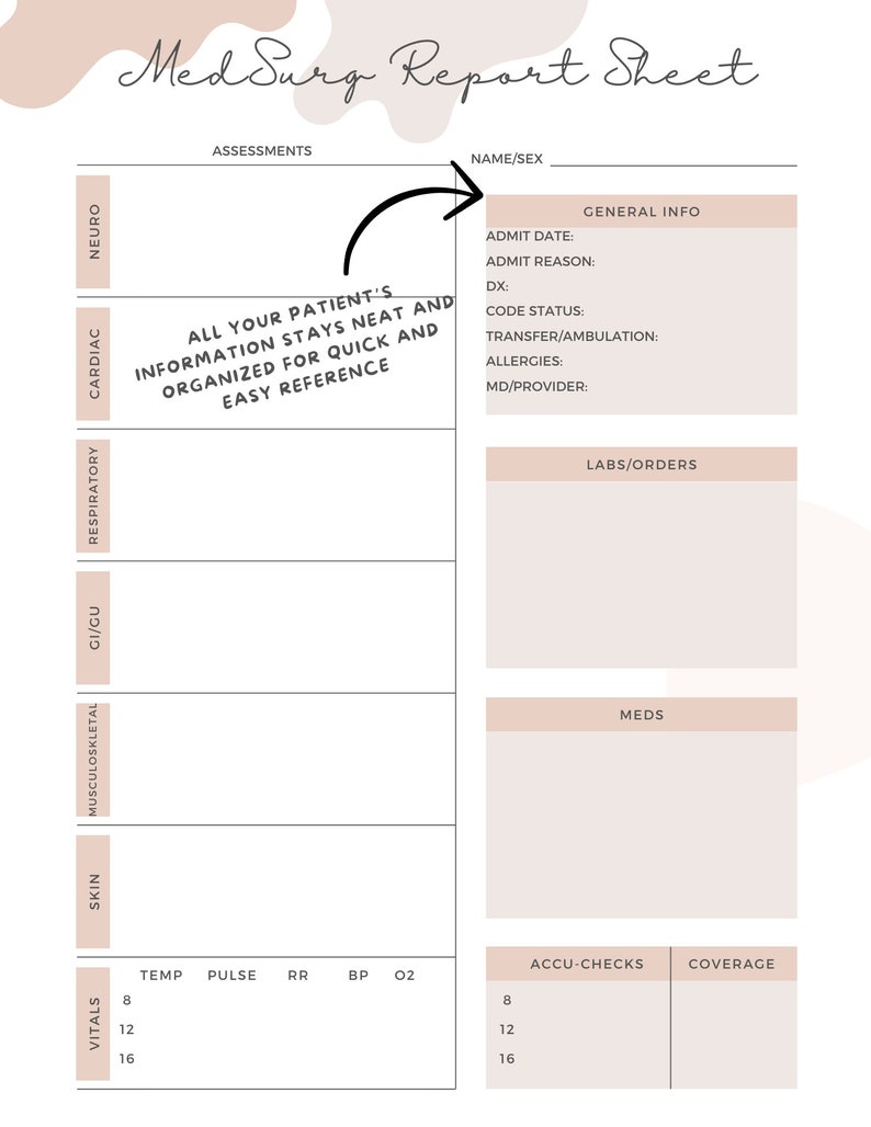 Medsurg Report Sheet | Medsurg Nurse Brain | Minimalist Report Sheet ...