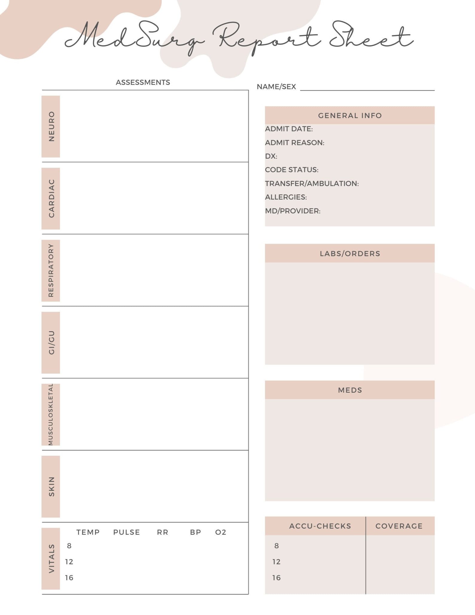 Medsurg Report Sheet | Medsurg Nurse Brain | Minimalist Report Sheet | Aesthetic Nurse Report ...