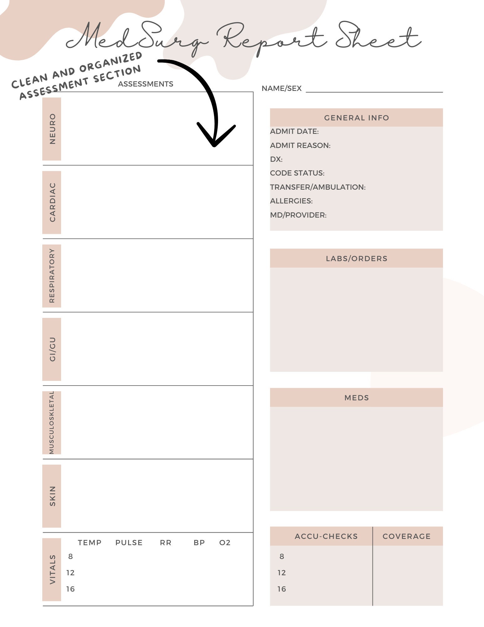 Medsurg Report Sheet | Medsurg Nurse Brain | Minimalist Report Sheet ...