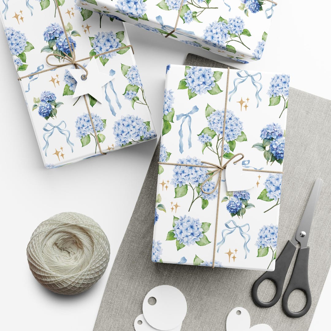 Blue Hydrangea Wrapping Paper, Blue Floral Wrapping Paper, Floral ...