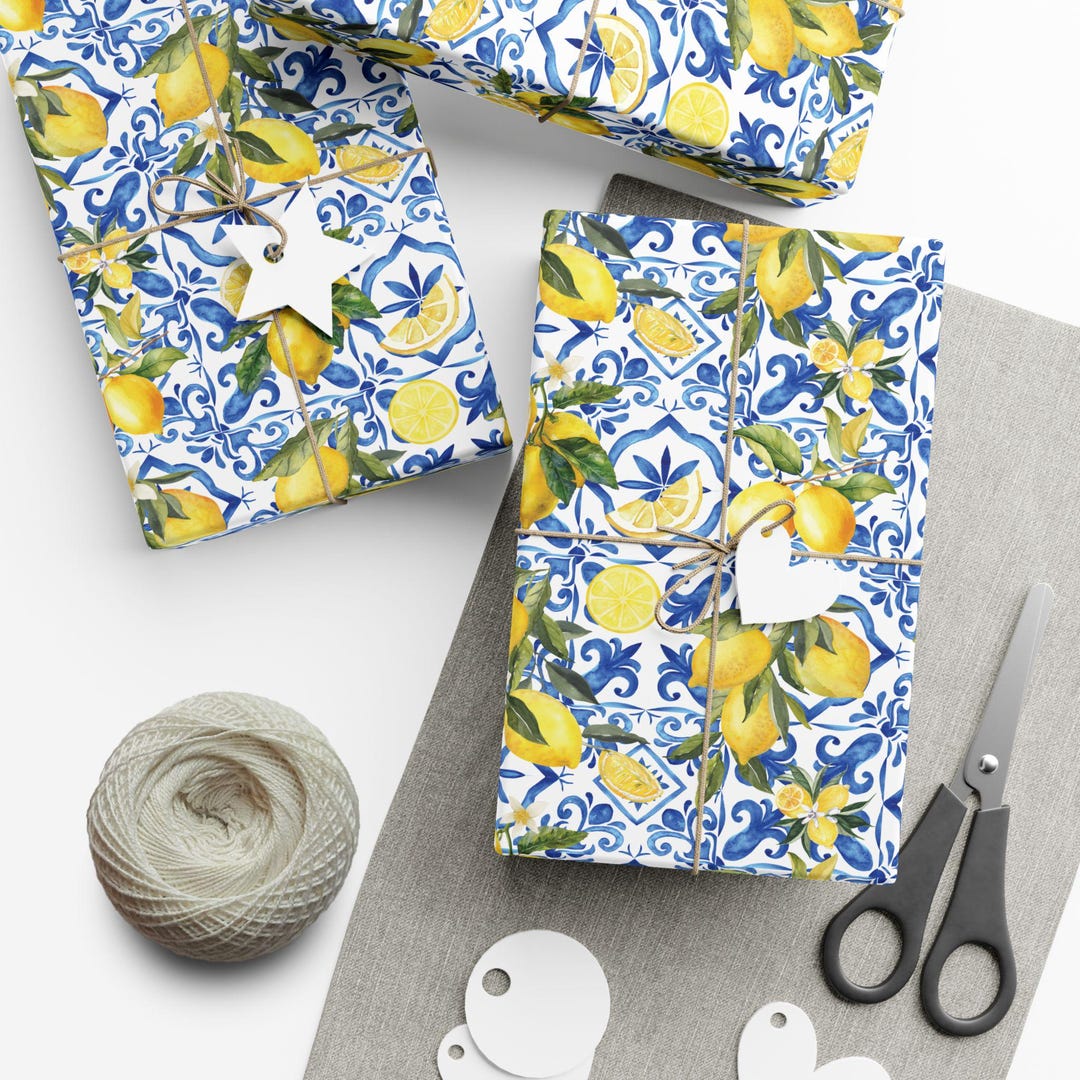 Lemon Wrapping Paper Mediterranean Wrapping Paper Blue Tile Wrapping ...