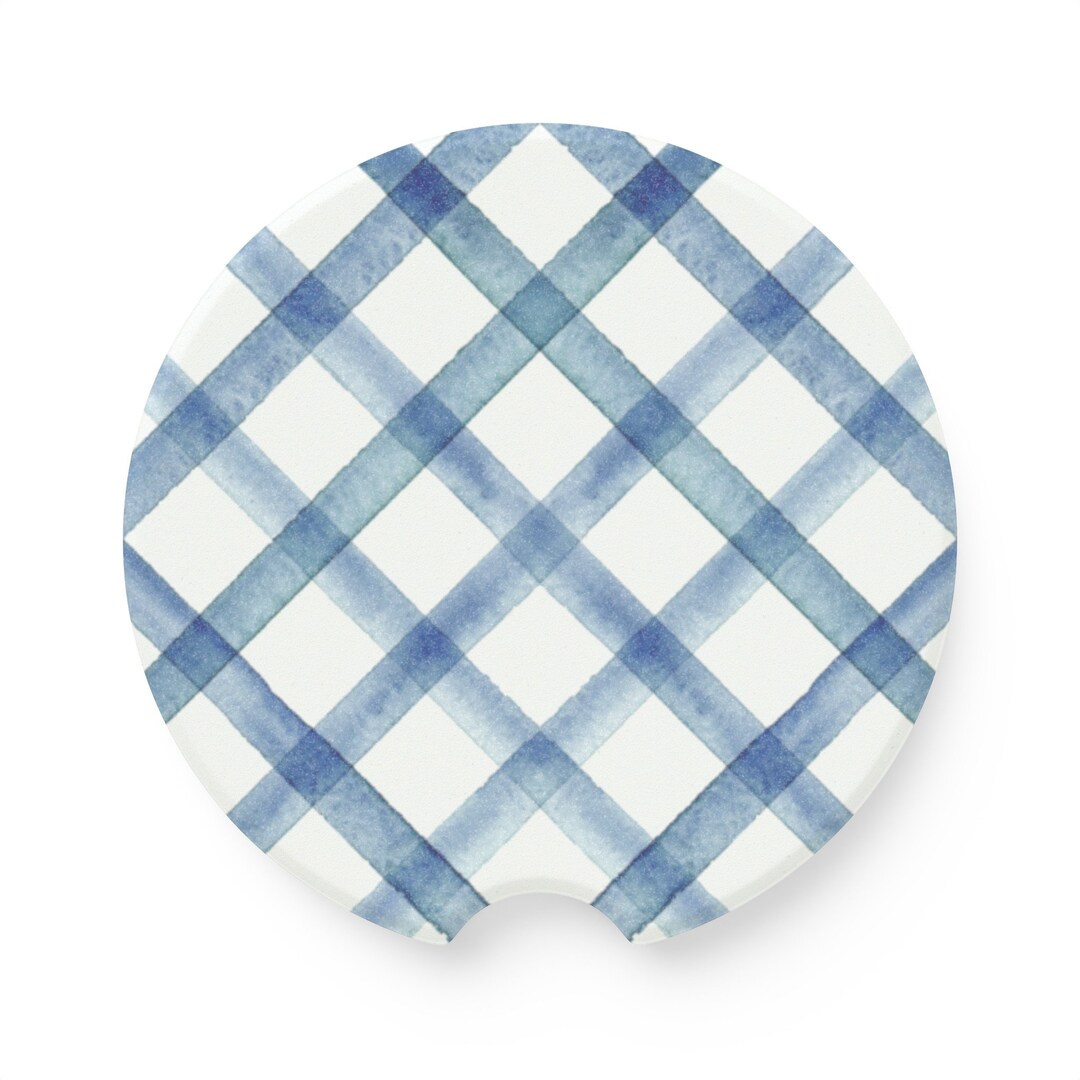 Gingham Car Coasters | Soapstone Car Coaster | Blue Gingham Preppy Gift | New Car Gift | Preppy ...