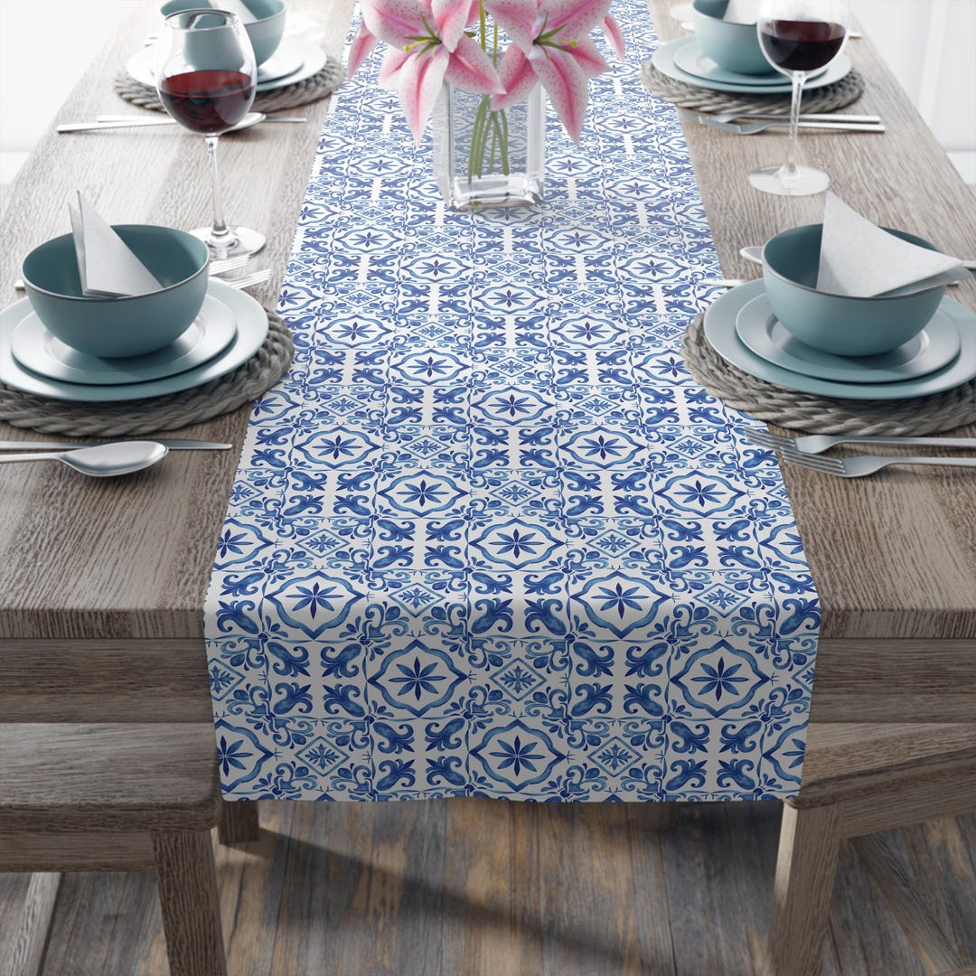 Blue Mediterranean Tile Table Runner, Summer Kitchen Decor, Blue Table ...