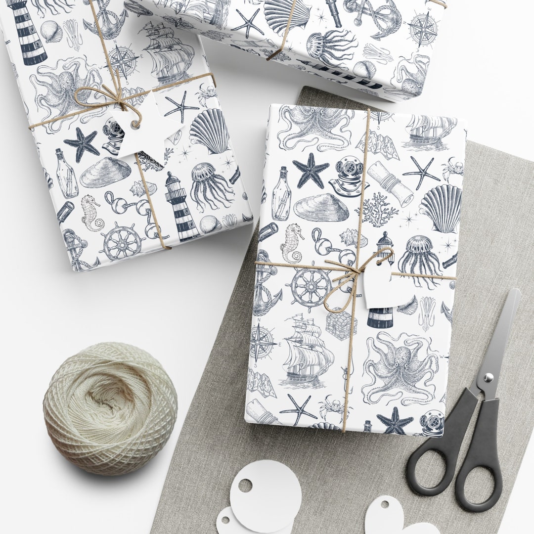 Nautical Wrapping Paper Roll and Sheets Coastal Gift Wrap Ocean Gift ...